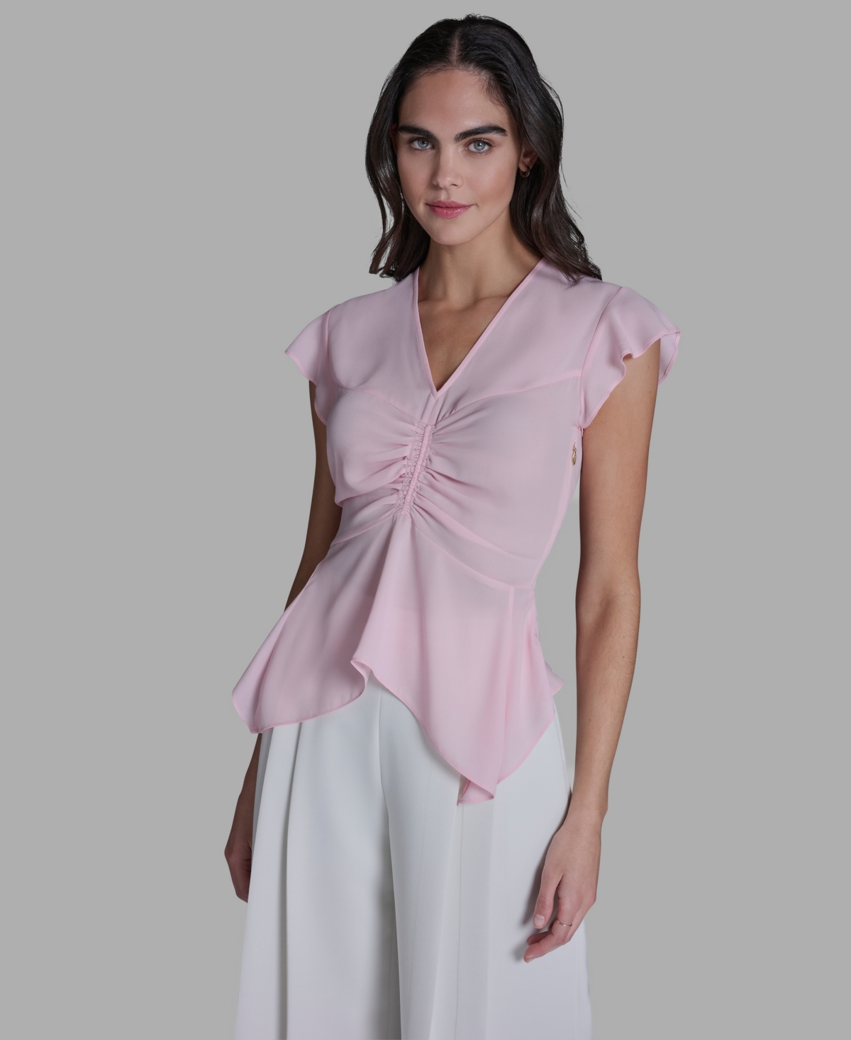 Click here for Bcbg Womens Ruched Front Flutter-Sleeve Top - Blus... prices