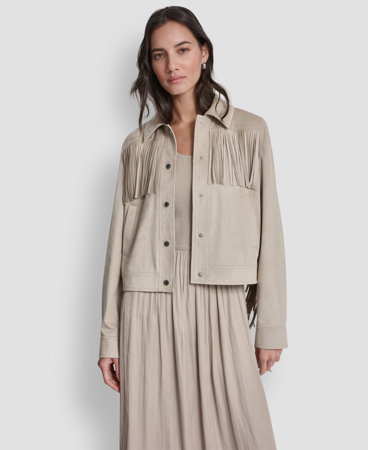 Click here for Dkny Womens Collared Fringe Suede Jacket - Pebble prices