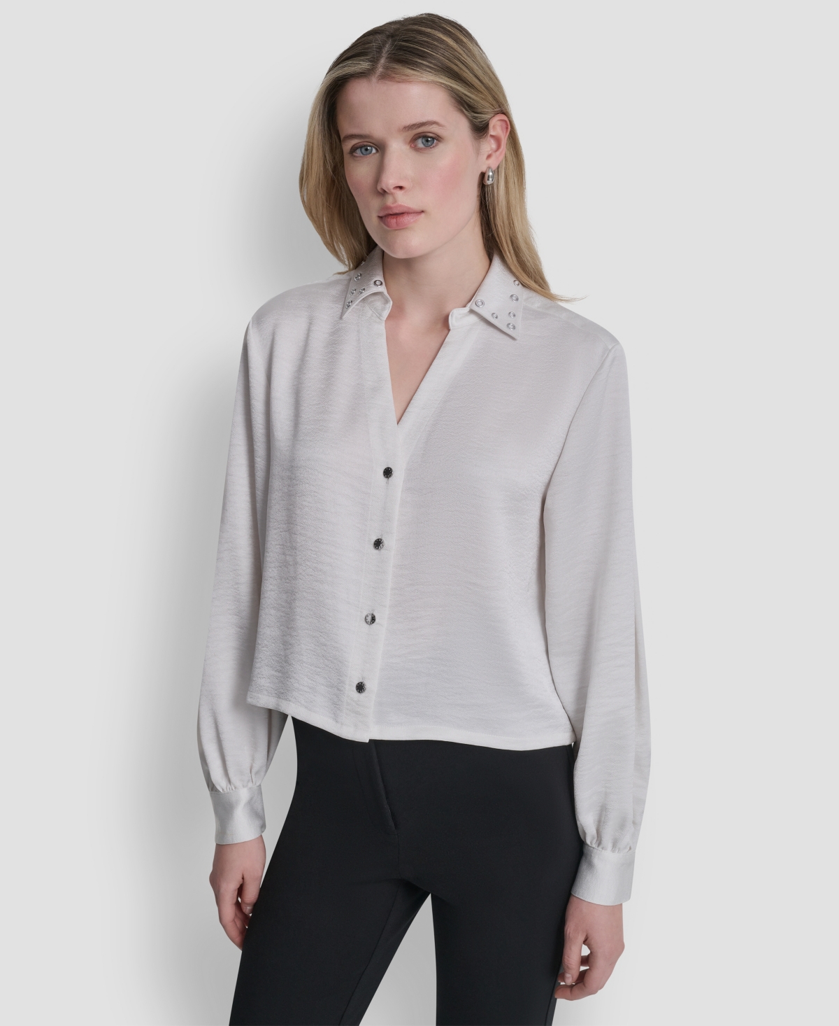 Click here for Dkny Womens Studded Collar Y-Neck Shirt - Ivory prices