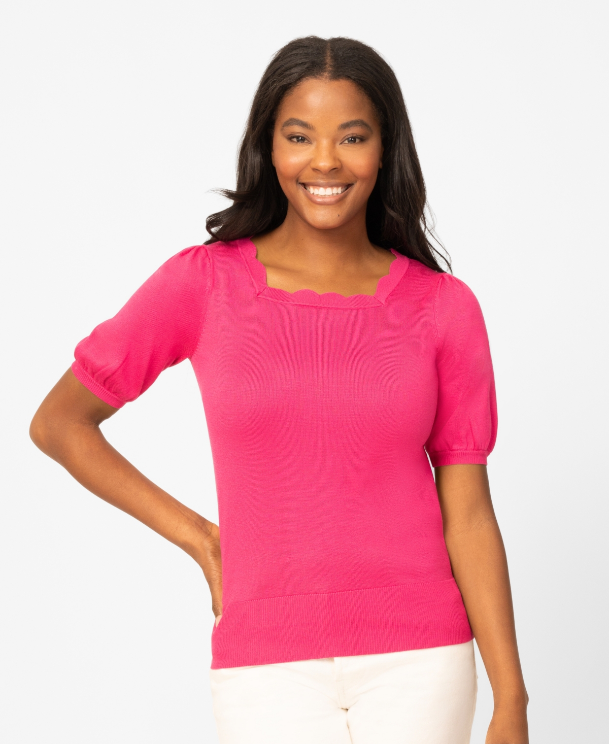 Click here for Melissa Paige Womens Scalloped Short-Sleeve Sweate... prices