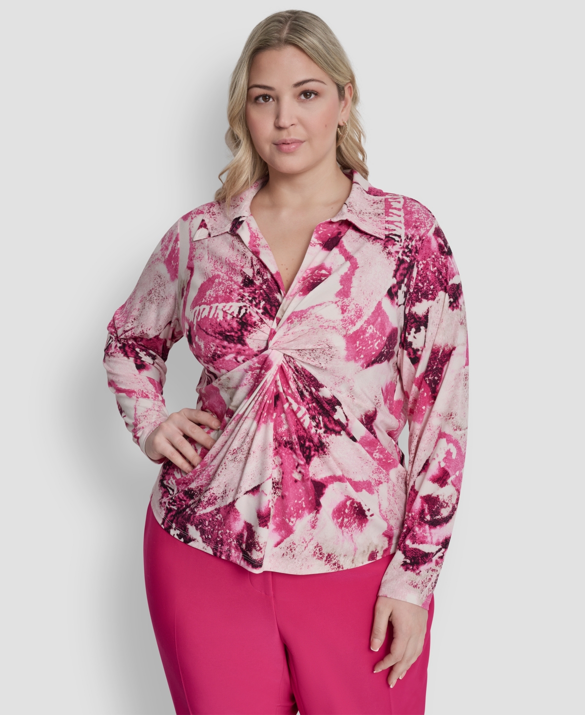 Click here for Dkny Plus Size Collared Long-Sleeve Top - Hot Pink... prices