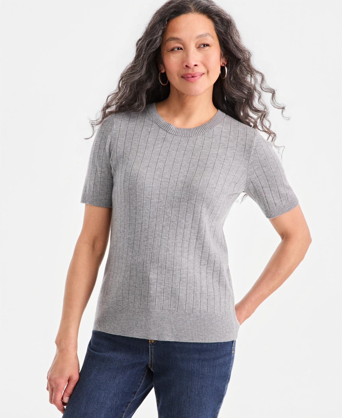 Click here for Style & Co Womens Ribbed Crewneck Short-Sleeve Swe... prices