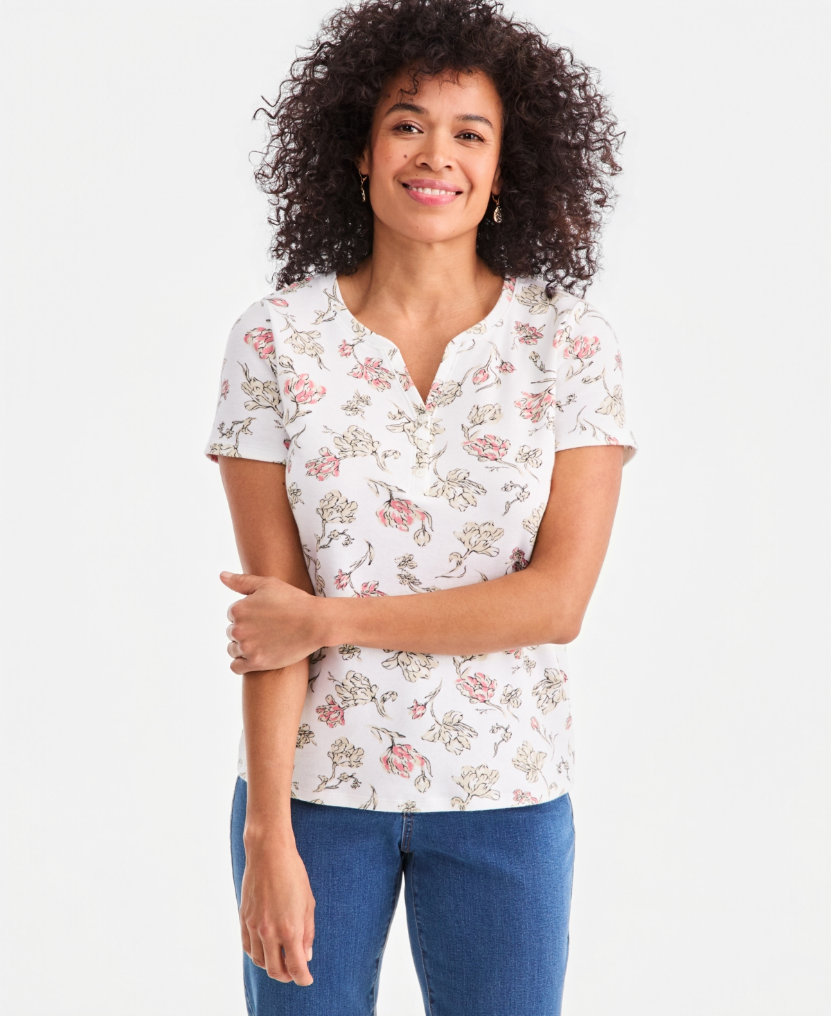 Click here for Style & Co Womens Printed Short-Sleeve Henley Top... prices