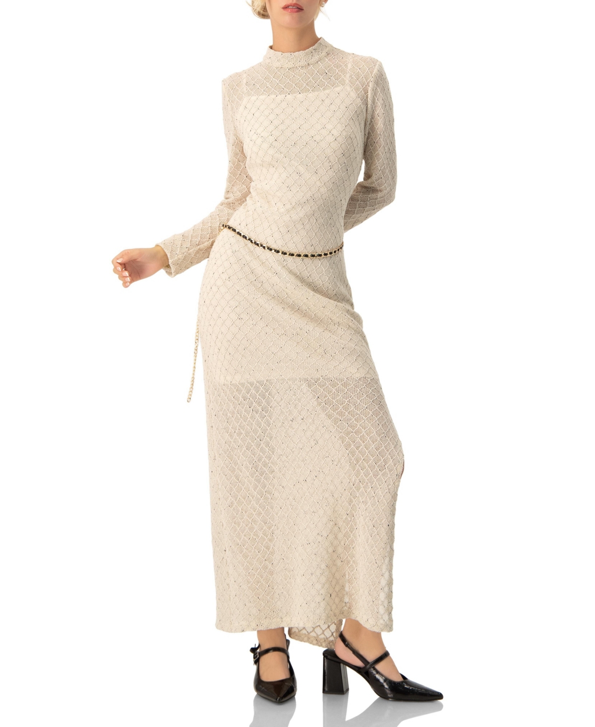 Click here for Ivonne Womens High Neck Knitted Long Dress - Natur... prices