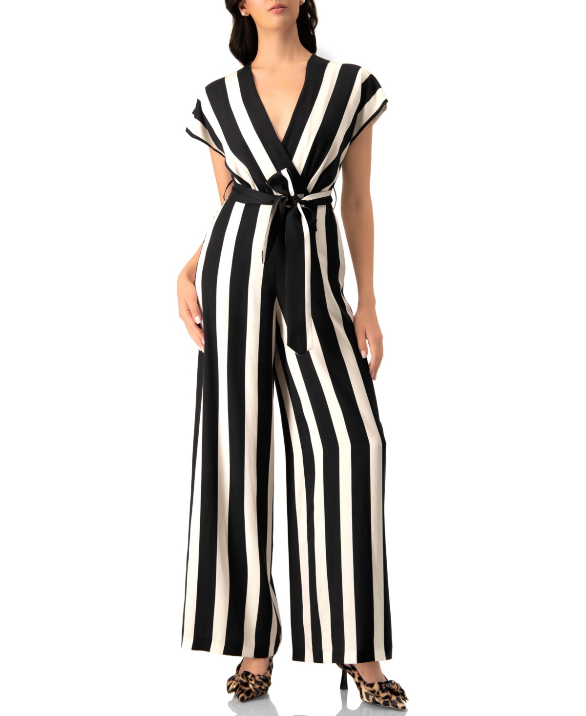 Click here for Ivonne Womens Striped V-Neck Jumpsuit with Waist T... prices