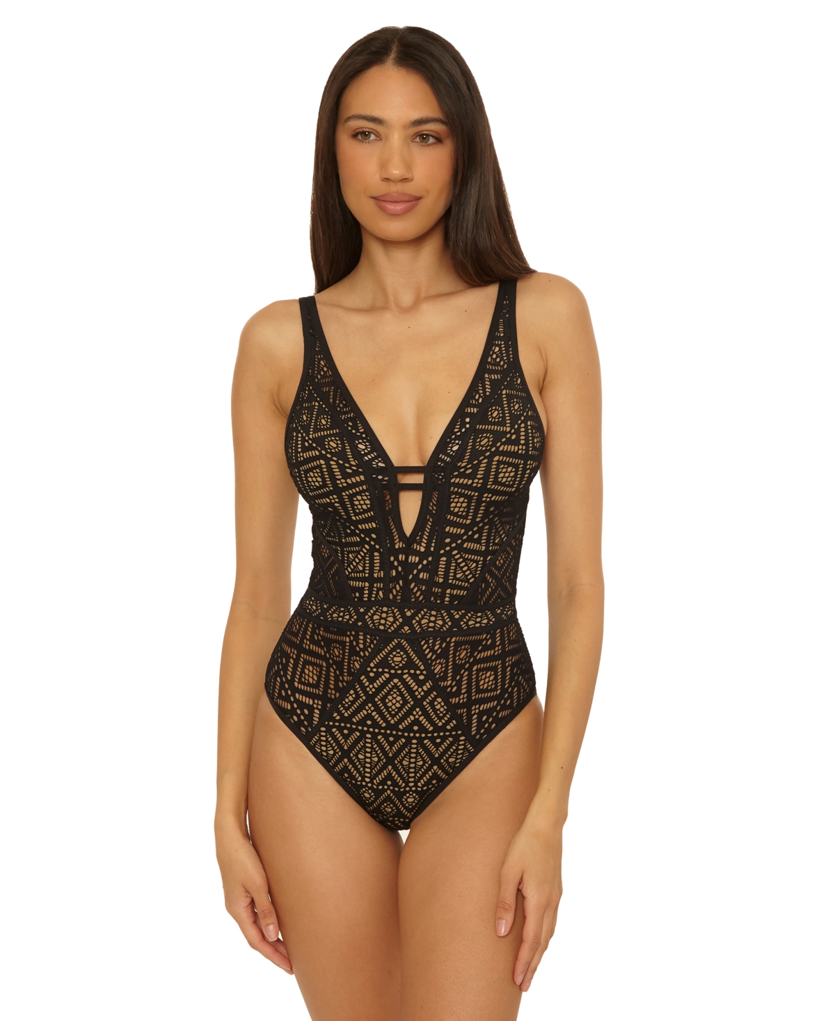 Click here for Becca Womens Color Play Crochet Plunge One-Piece S... prices