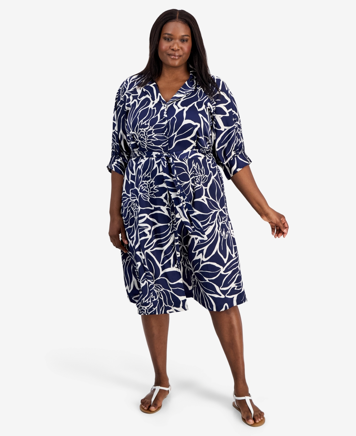 Click here for Sandra Darren Plus Size Printed Tie-Waist 3/4-Slee... prices