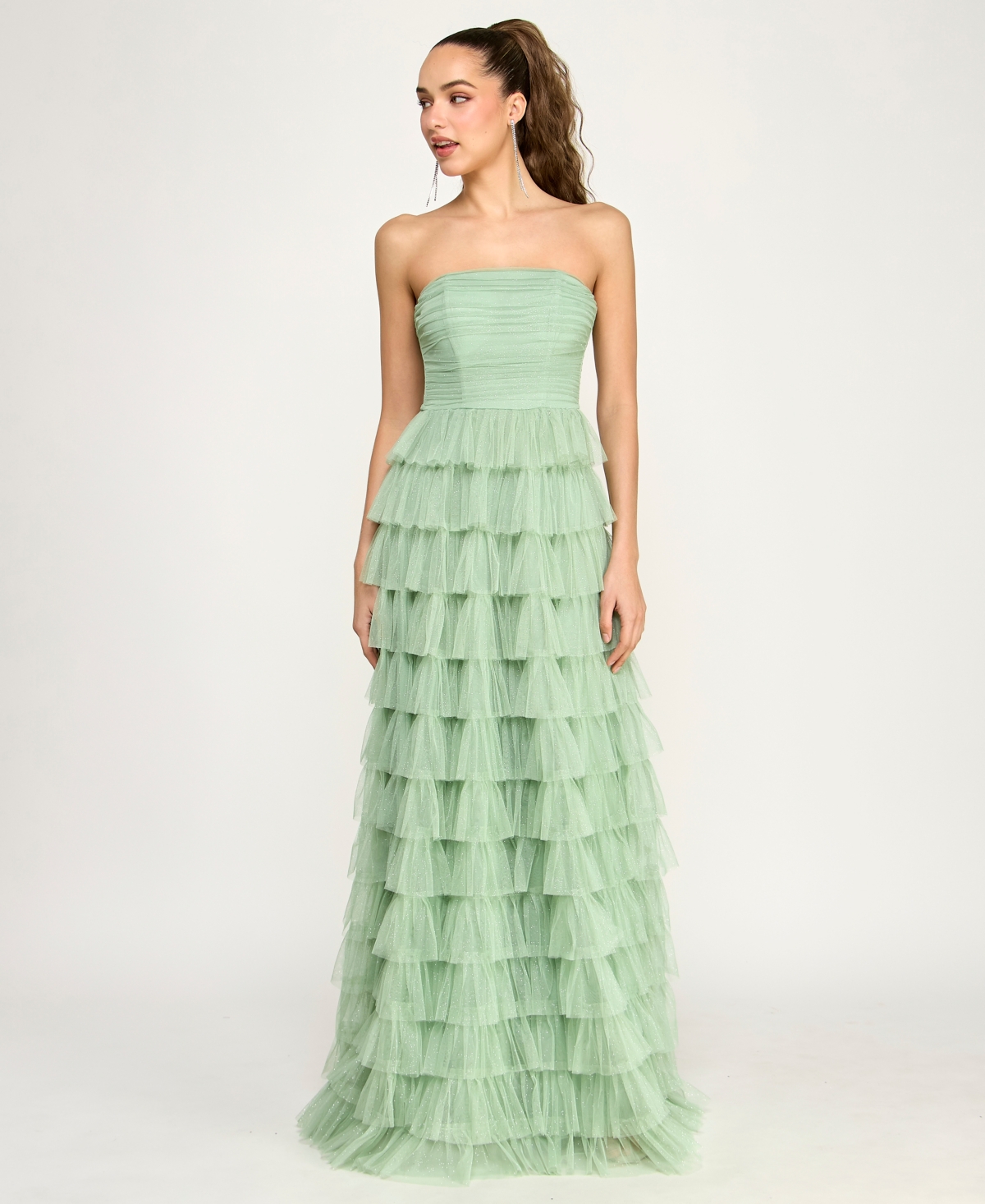 Click here for B Darlin Juniors Strapless Ruffle Mesh Gown - Sage prices