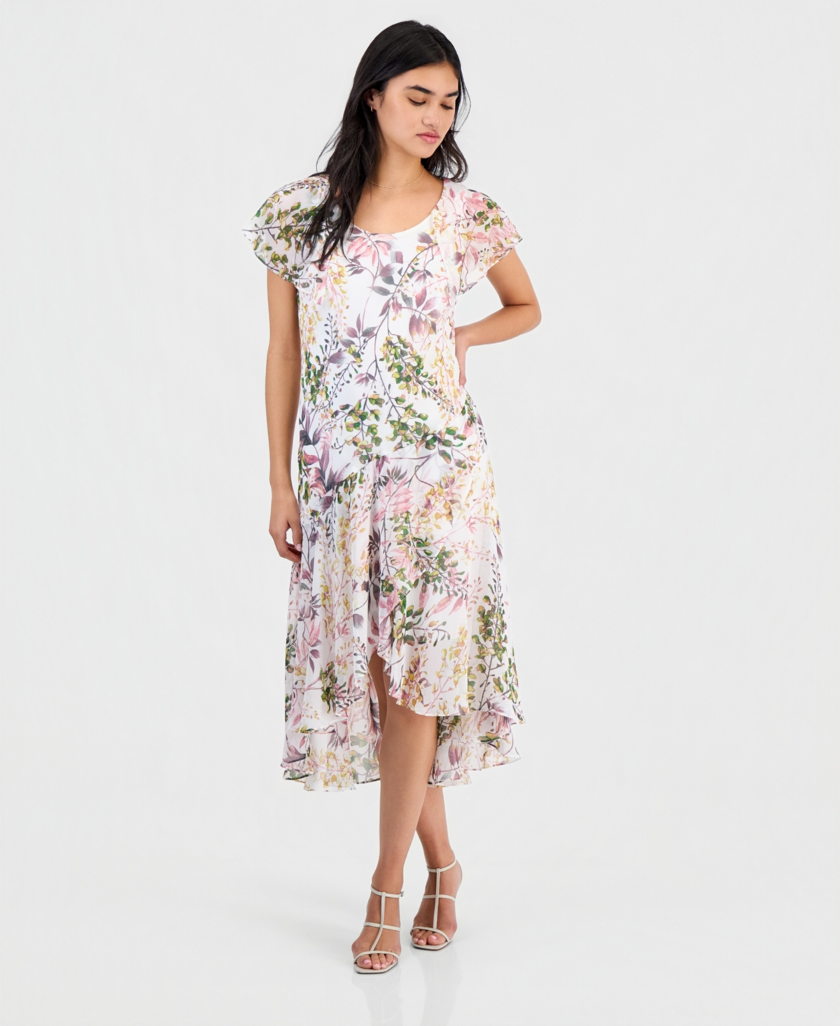 Click here for Robbie Bee Petite Floral Flutter-Sleeve Midi Dress... prices