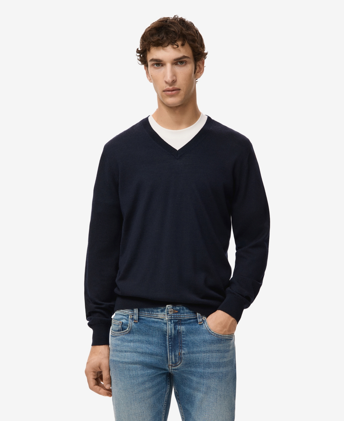 Click here for Mango Mens Merino Wool V-Neck Sweater - Navy prices