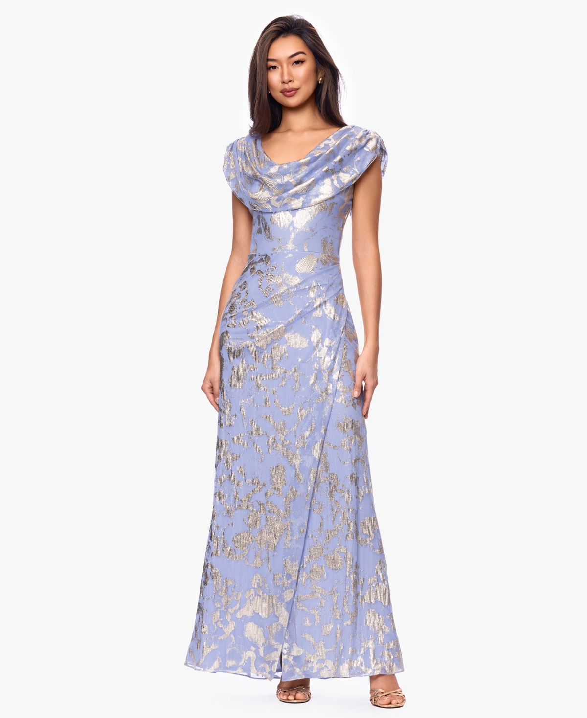 Click here for Betsy & Adam Petite Draped Neck Ball Gown - Periwi... prices