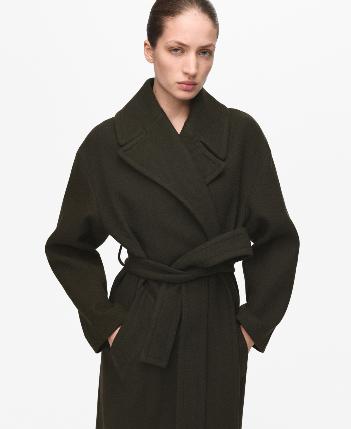 Click here for Mango Womens Belted Manteco Wool Coat - Khaki prices