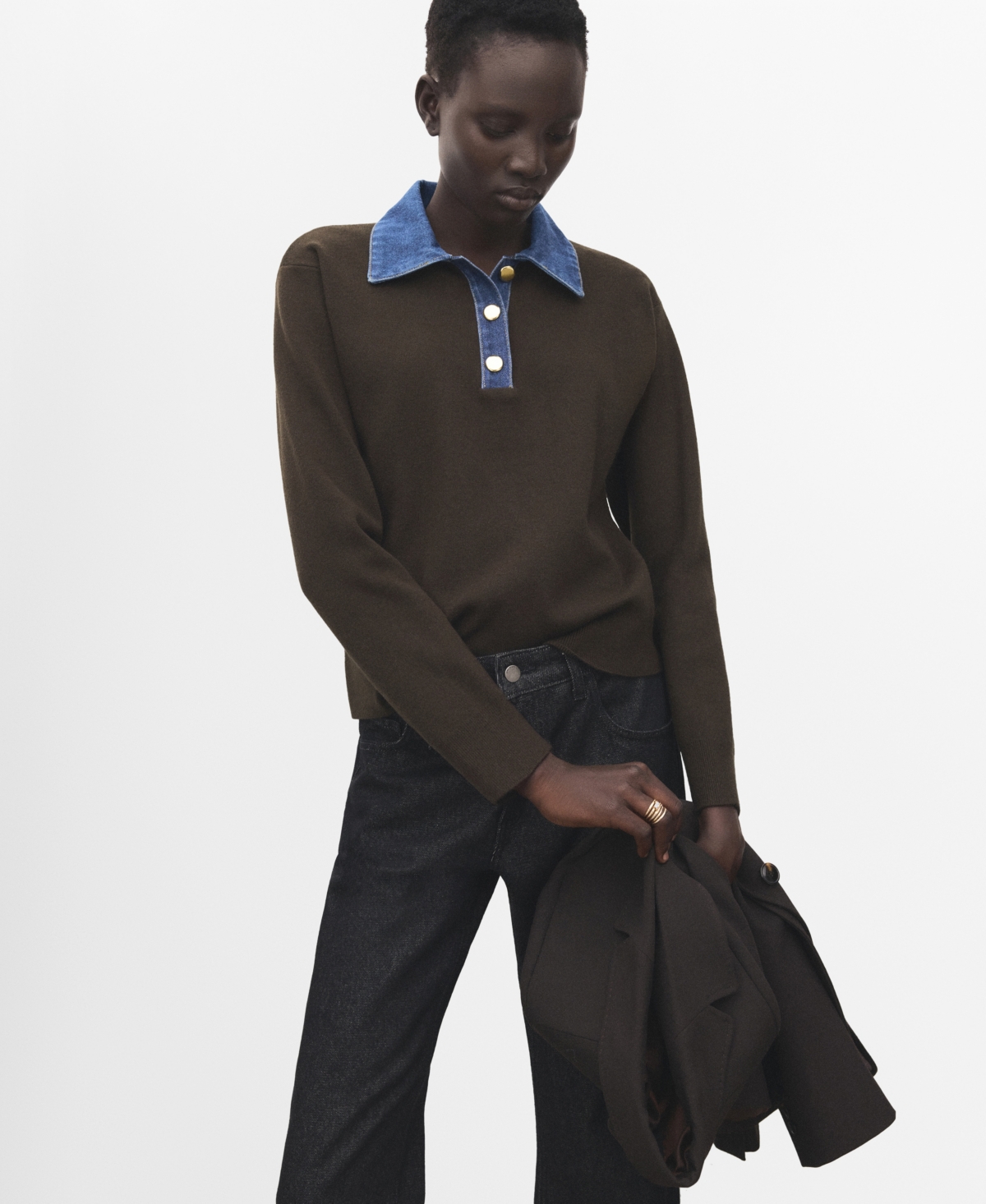 Click here for Mango Womens Combined Shirt-Collar Sweater - Choco... prices