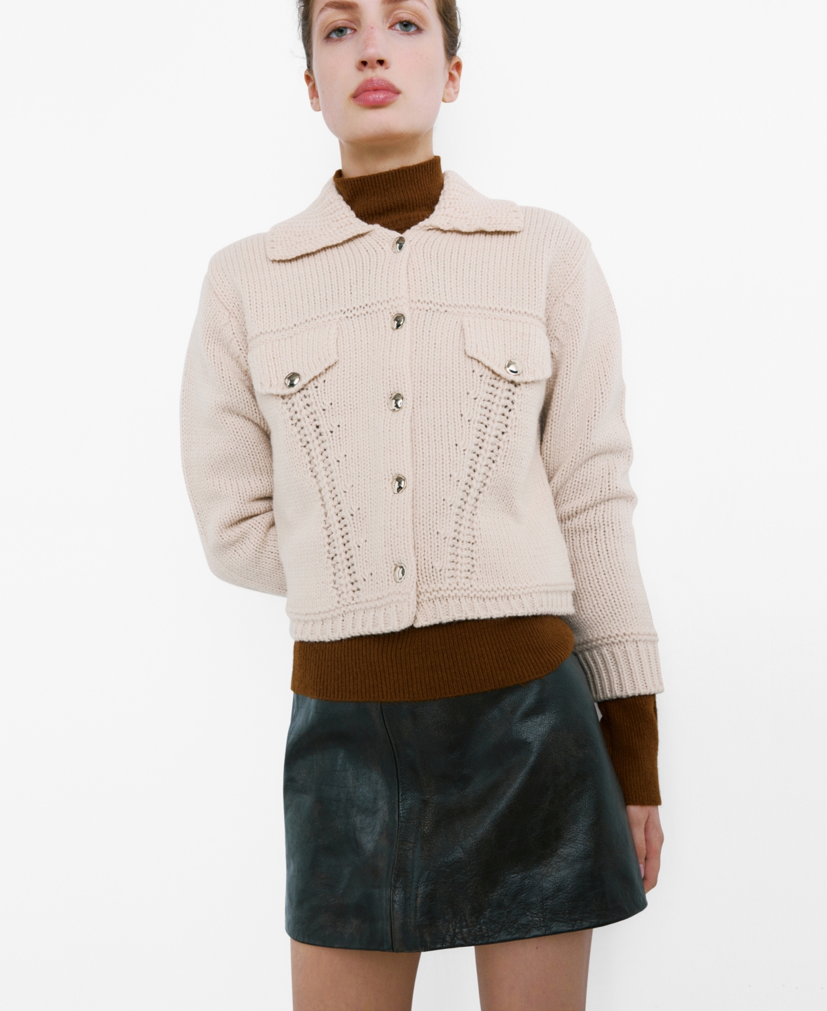 Click here for Mango Womens Polo Collar Knitted Jacket - Sand prices