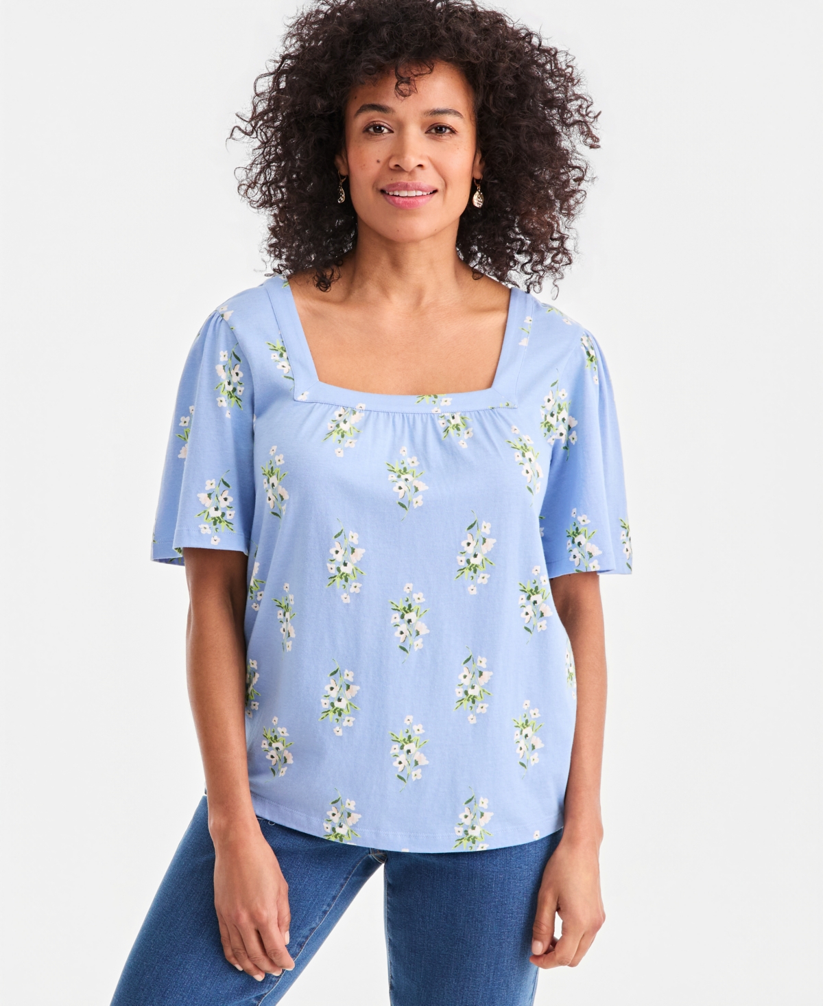 Click here for Style & Co Womens Printed Square-Neck Flutter-Slee... prices