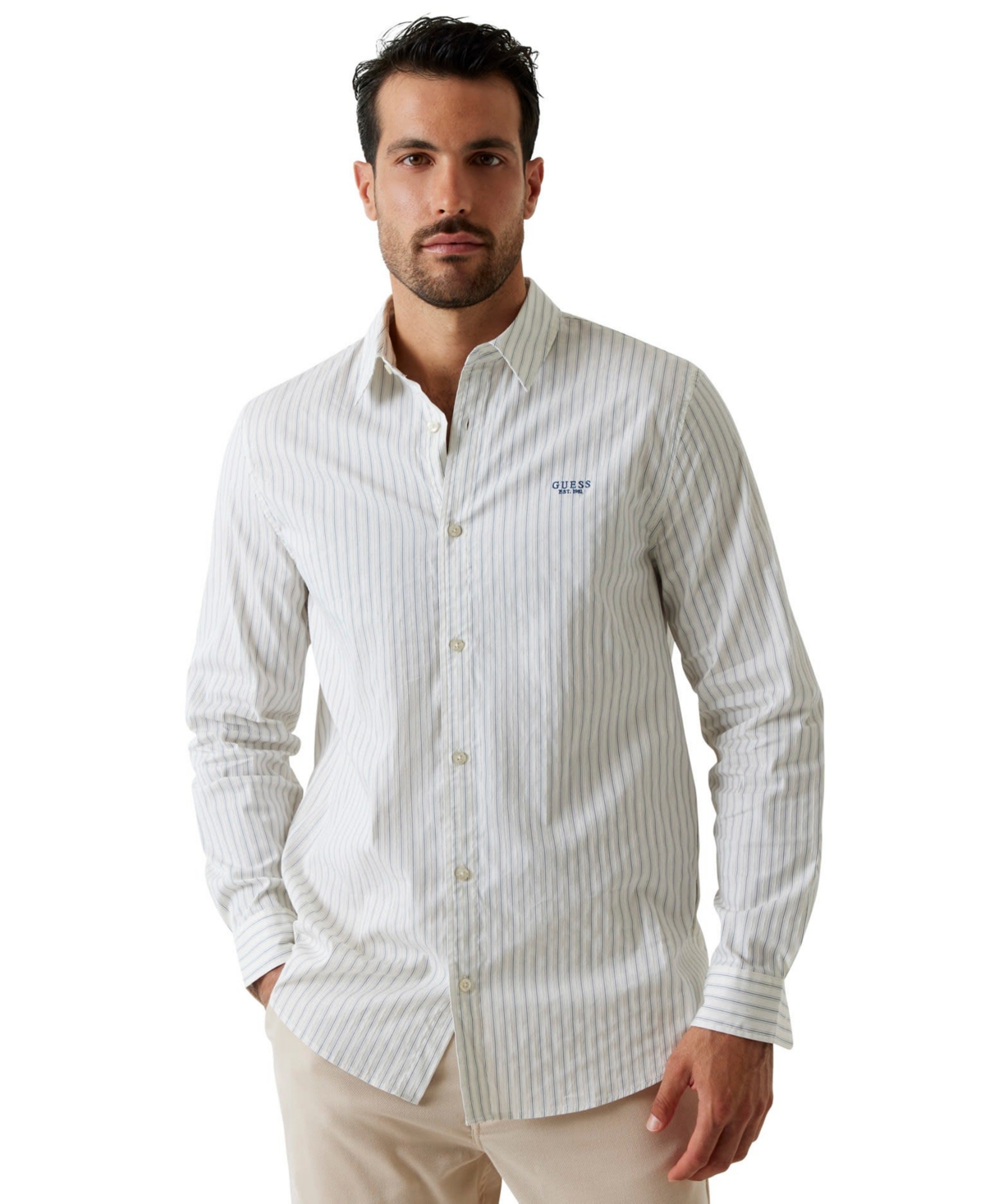 Click here for Guess Mens Regular-Fit Jacquard Stripe Shirt - Whi... prices