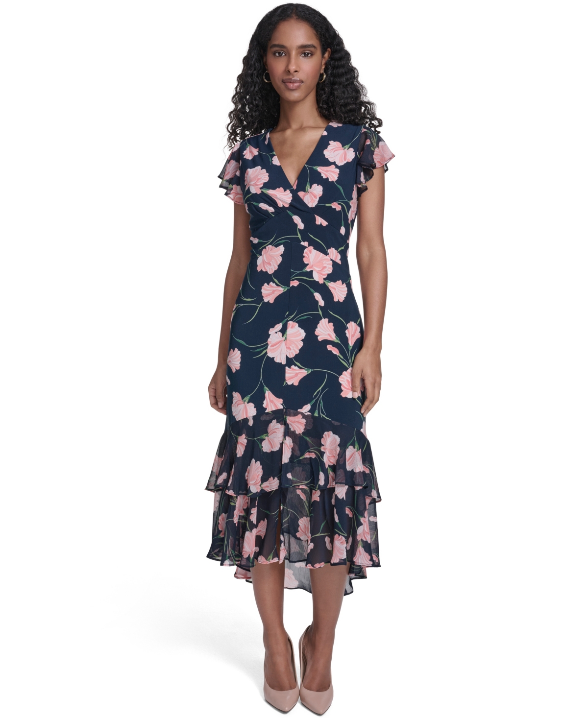 Click here for Tommy Hilfiger Womens V-Neck Empire Tiered Midi Dr... prices