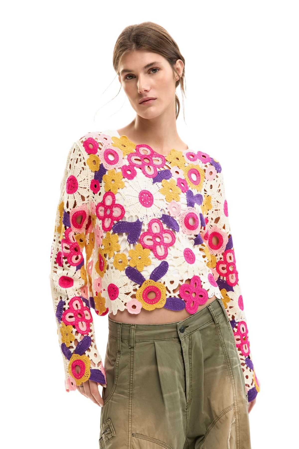 Click here for Desigual Womens Multicolor Crochet Sweater - Off w... prices