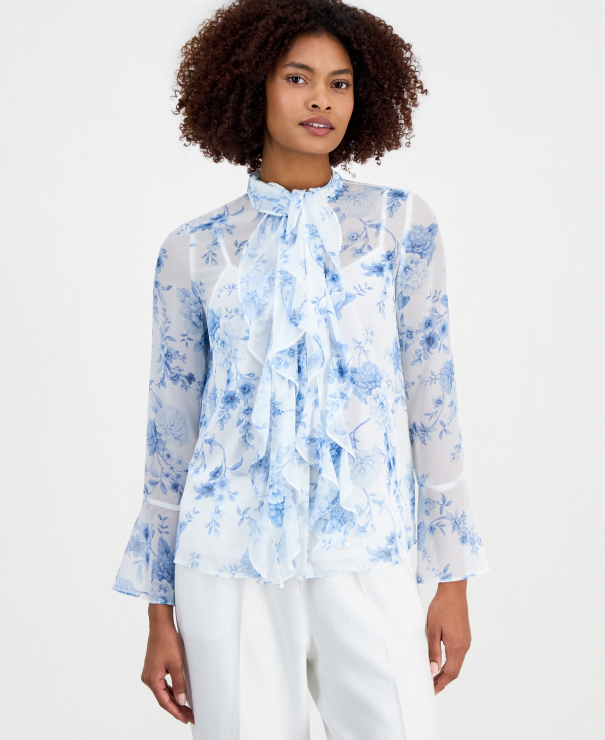 Click here for Anne Klein Womens Printed Ruffled Long-Sleeve Blou... prices