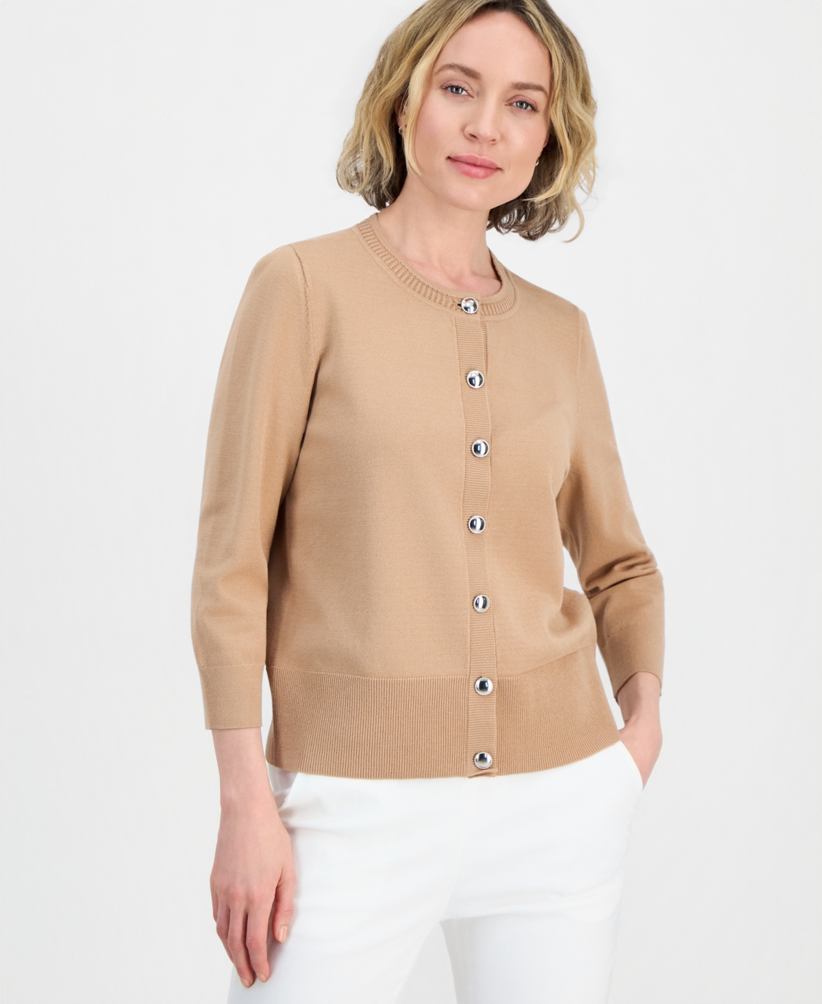 Click here for Kasper Petite Crew Neck Front-Button Cardigan - To... prices