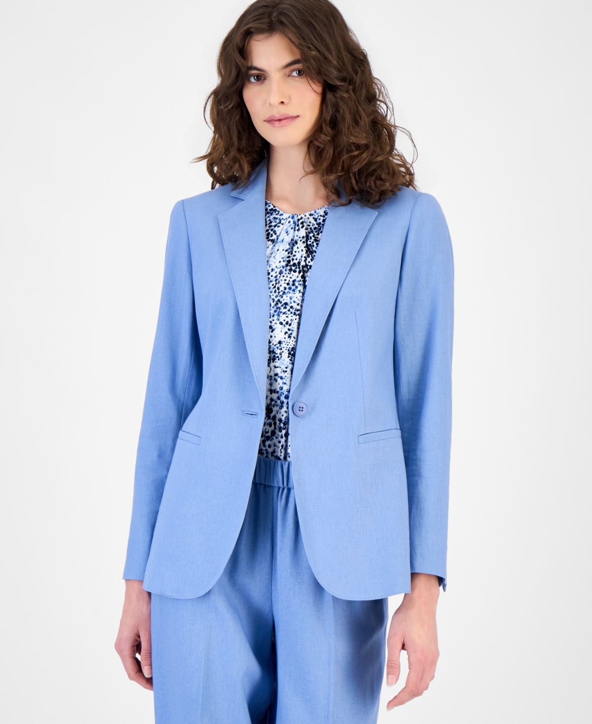 Anne Klein Womens One-Button Notched-Collar Linen-Blend Blazer - Lagoon