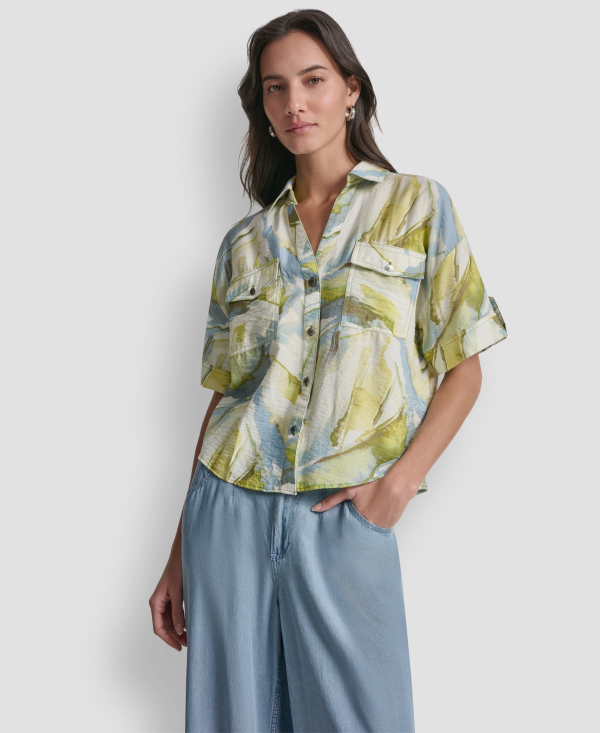 Click here for Dkny Womens Roll-Tab Sleeves Collar Neck Top - Mar... prices