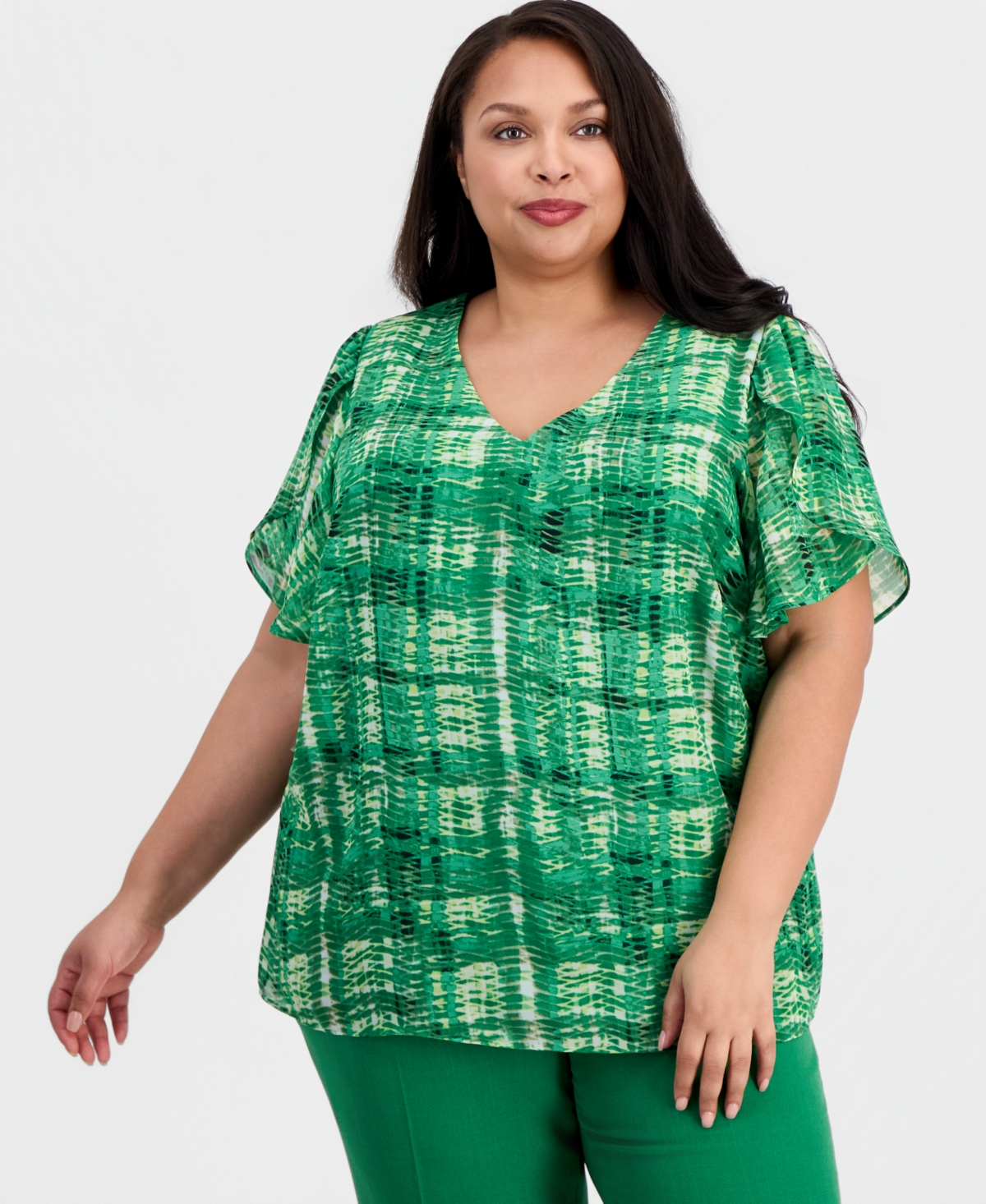 Click here for Kasper Plus Size V-Neck Tulip-Sleeve Top - Lush Gr... prices