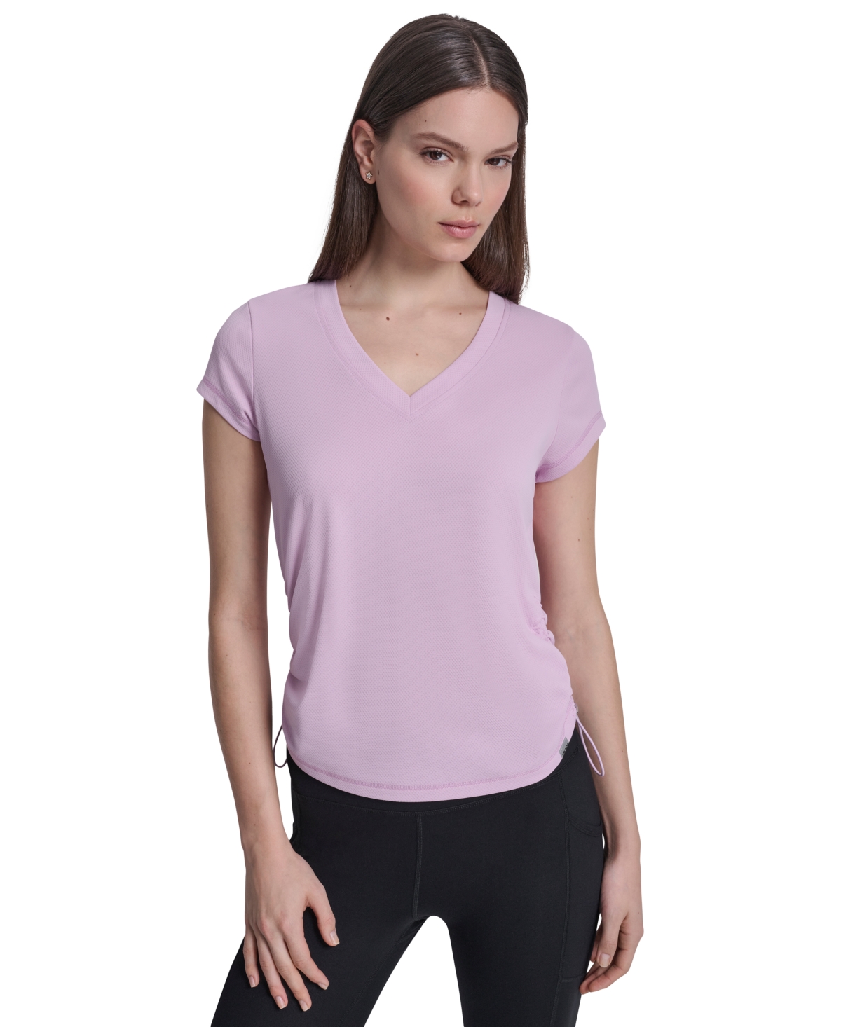 Click here for Dkny Sport Womens Ruched Side Seams V-Neck Tech T-... prices