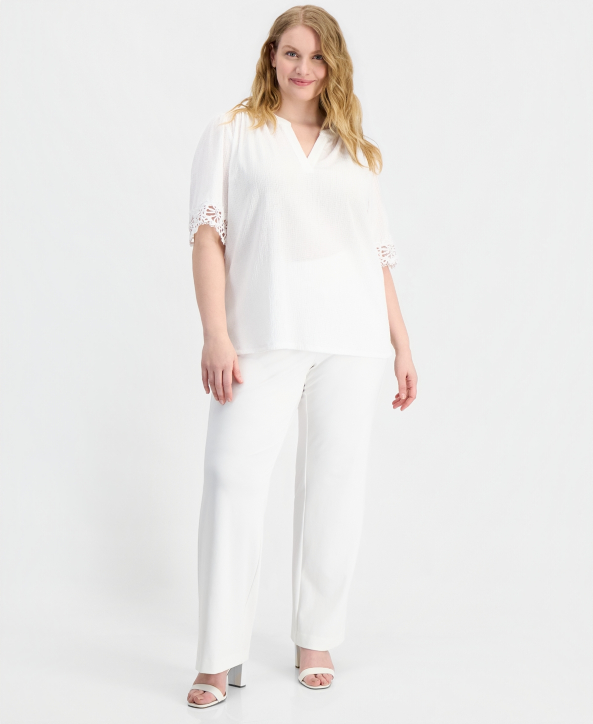 Click here for Anne Klein Plus Size Split-Neck Lace-Trim Elbow-Sl... prices