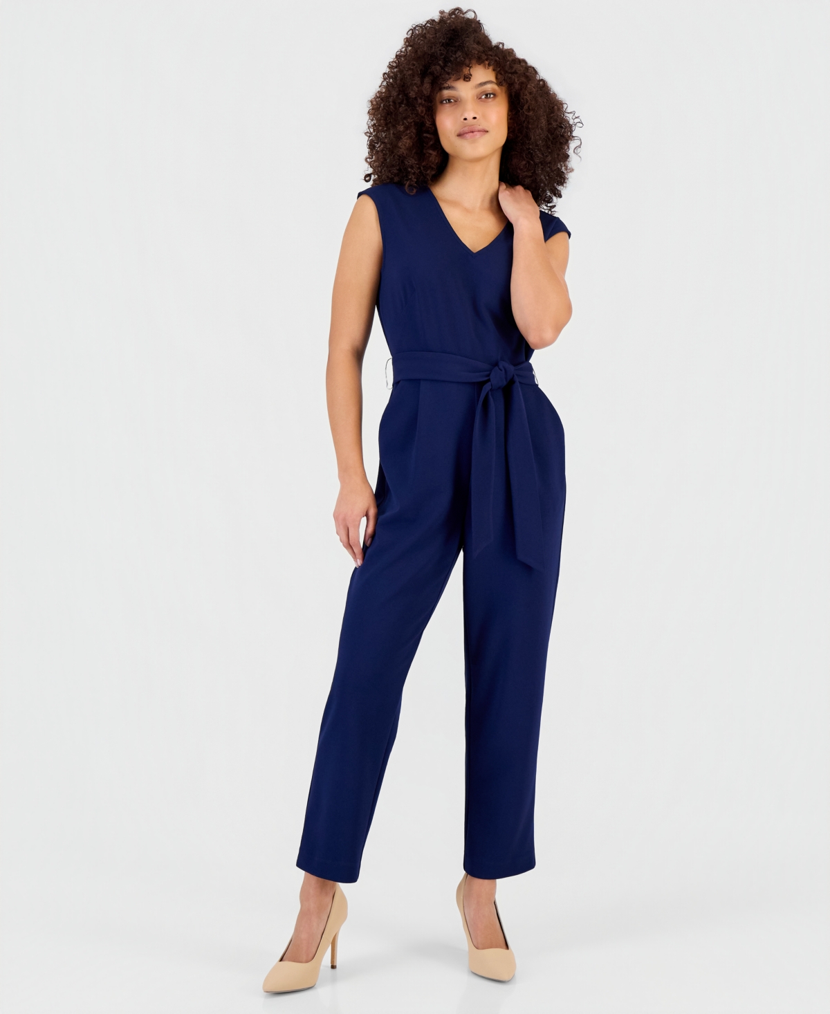 Click here for Anne Klein Essentials Petite Belted V-Neck Jumpsui... prices