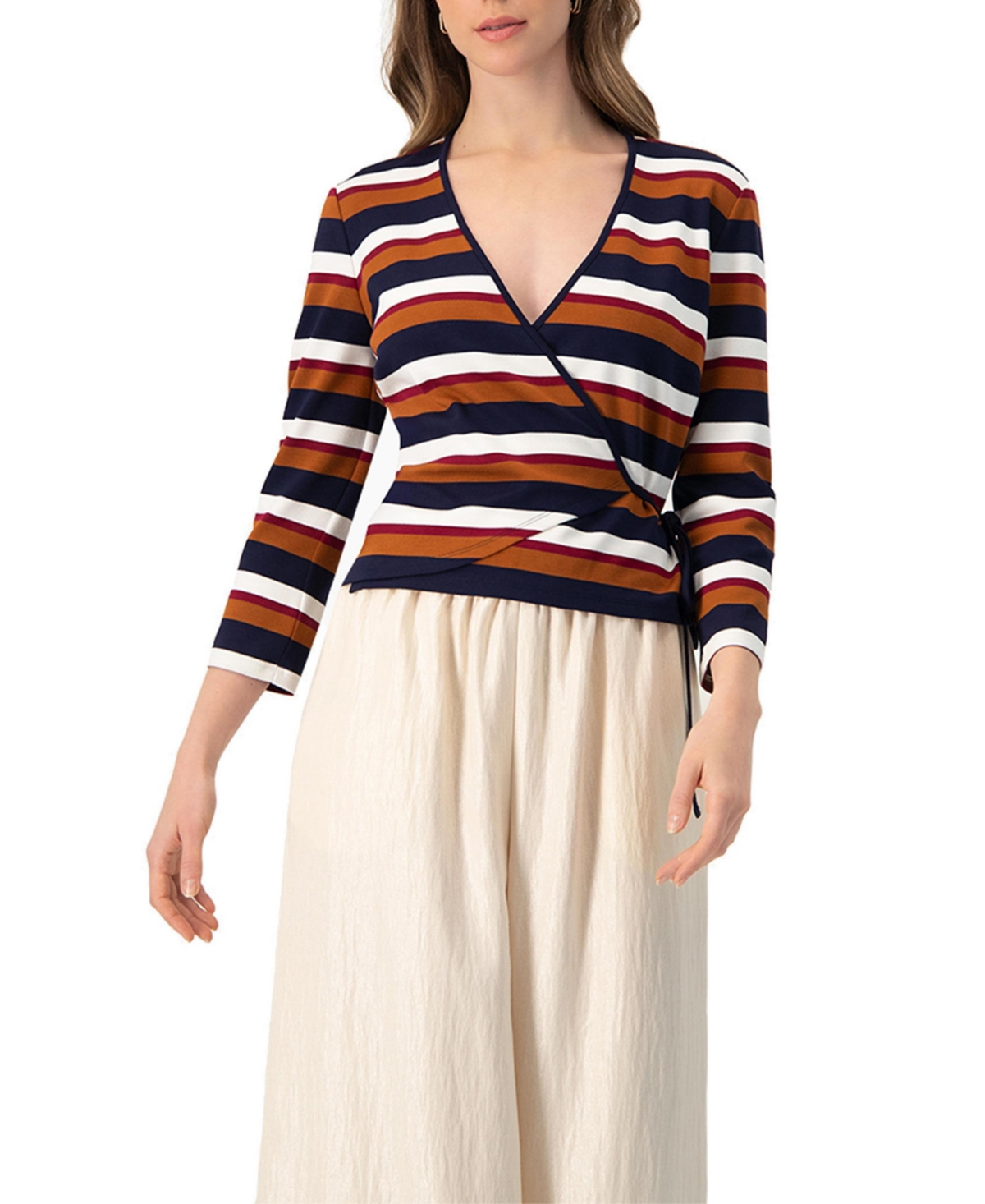 Click here for Ivonne Womens V-Neck Wrap Blouse with Color Block... prices