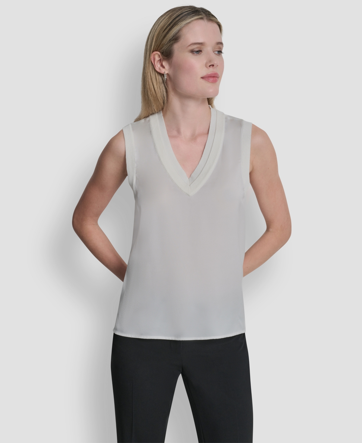 Click here for Dkny Womens Mixed Media V-Neck Sweater - White prices