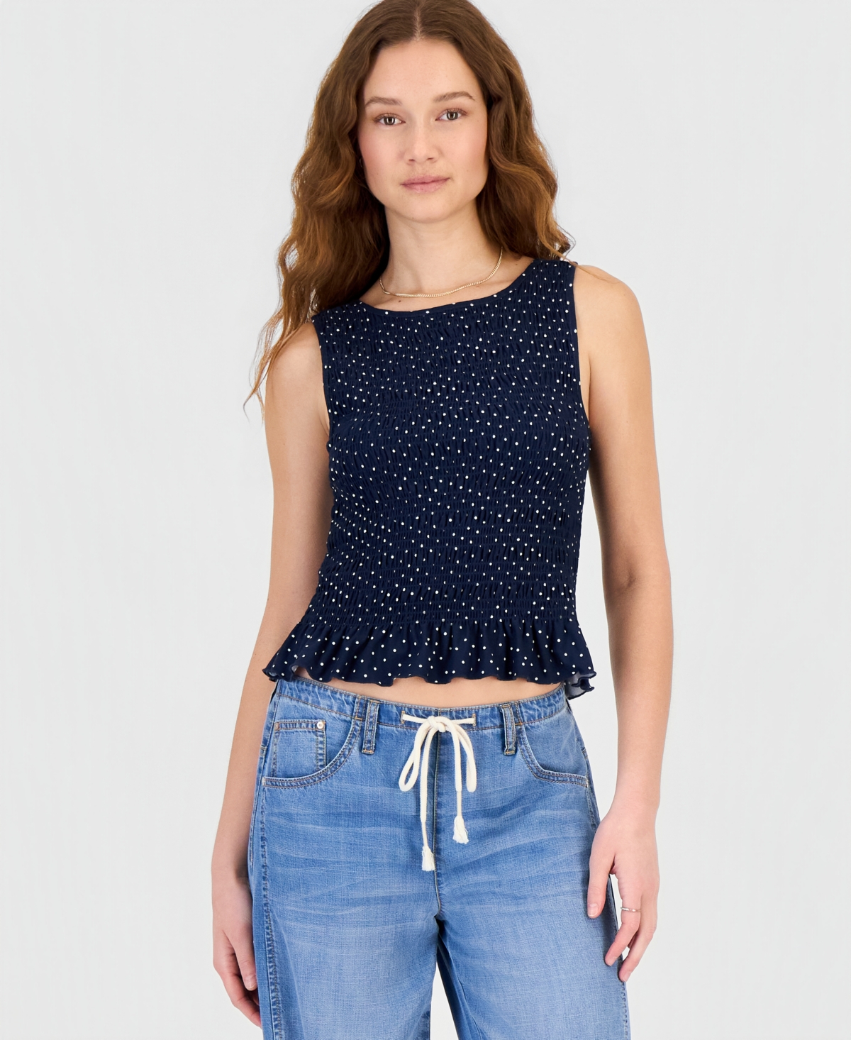 Click here for Ultra Flirt Juniors Smocked Sleeveless Top - Navy... prices