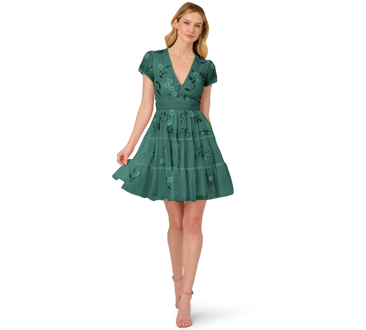 Click here for Adrianna Papell Womens V-Neck Beaded Mesh Minidres... prices