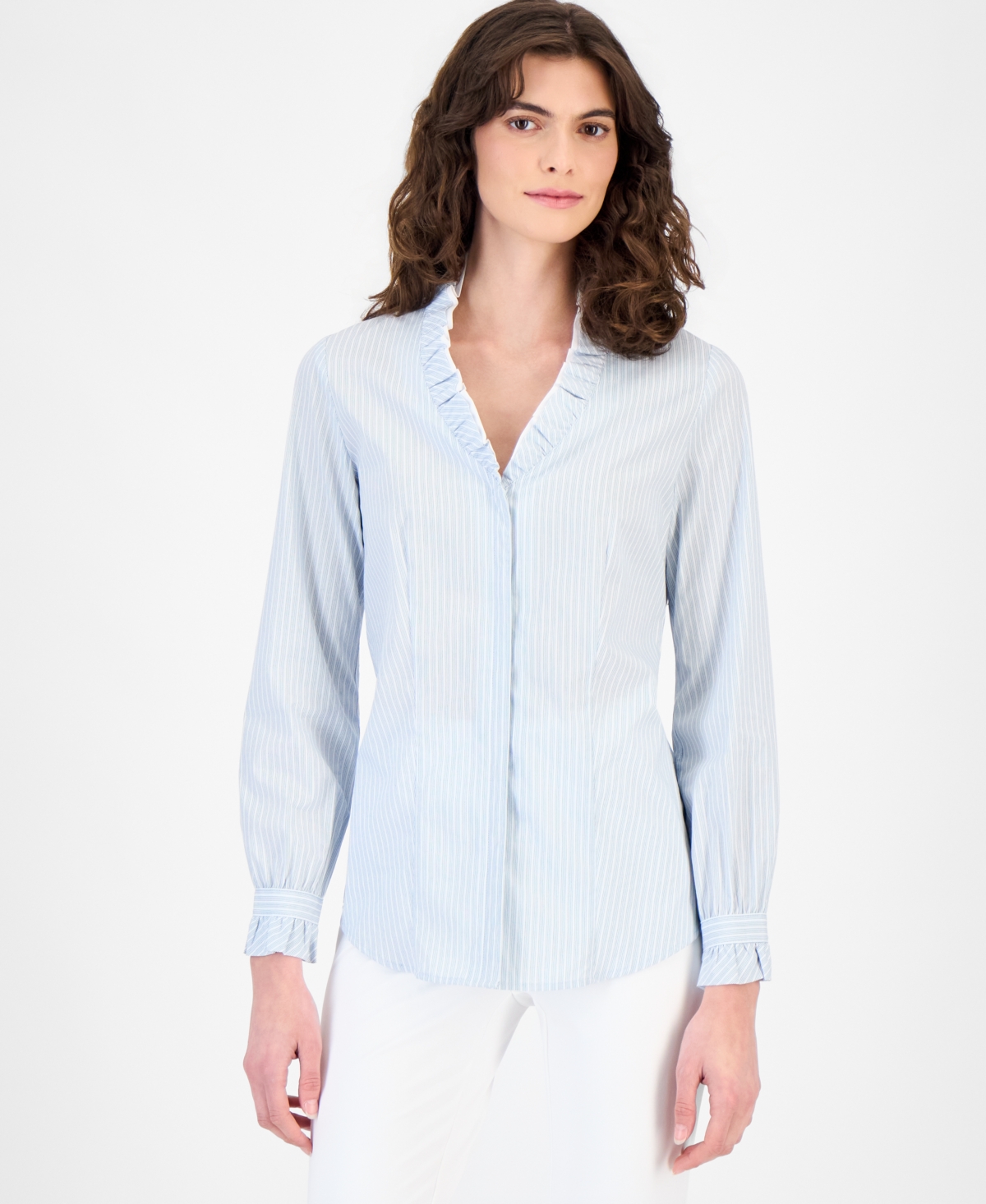 Click here for Anne Klein Womens Cotton Ruffled-Collar Blouse - B... prices