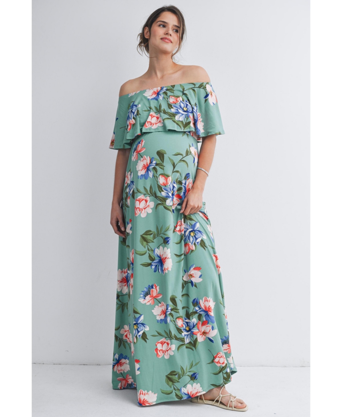 Click here for Hello Miz Maternity Off-Shoulder Ruffled Maxi Dres... prices