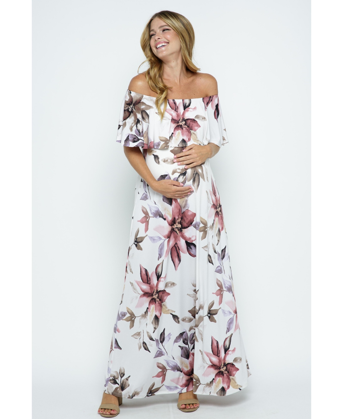 Click here for Hello Miz Maternity Off-Shoulder Ruffled Maxi Dres... prices