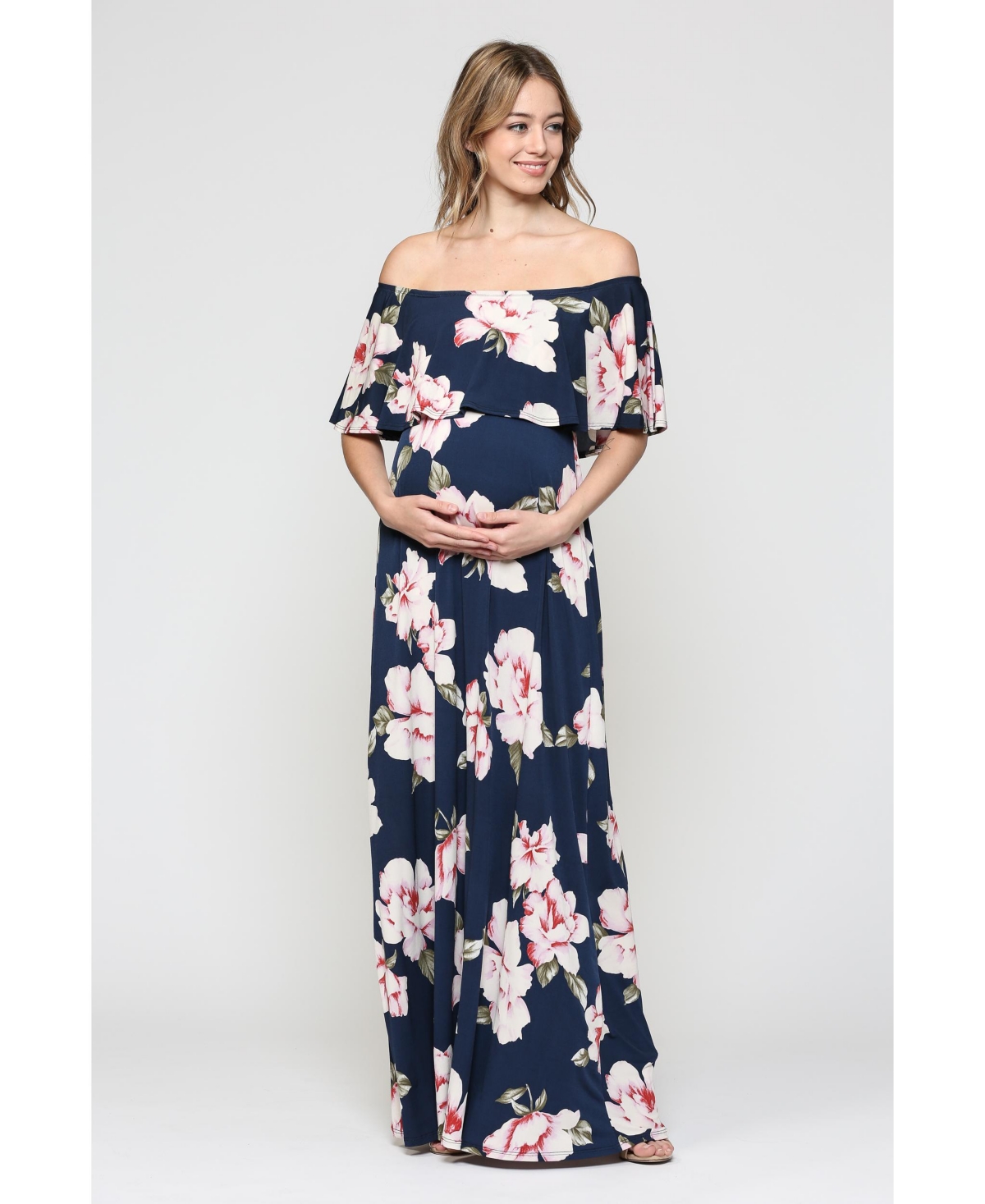 Click here for Hello Miz Maternity Off-Shoulder Ruffled Maxi Dres... prices