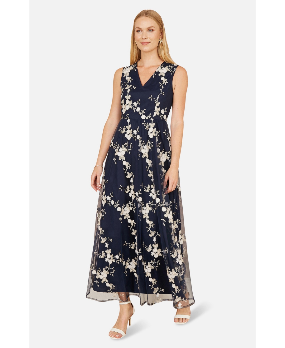 Click here for Yumi Womens Mesh Embroidered Maxi Dress - Navy prices