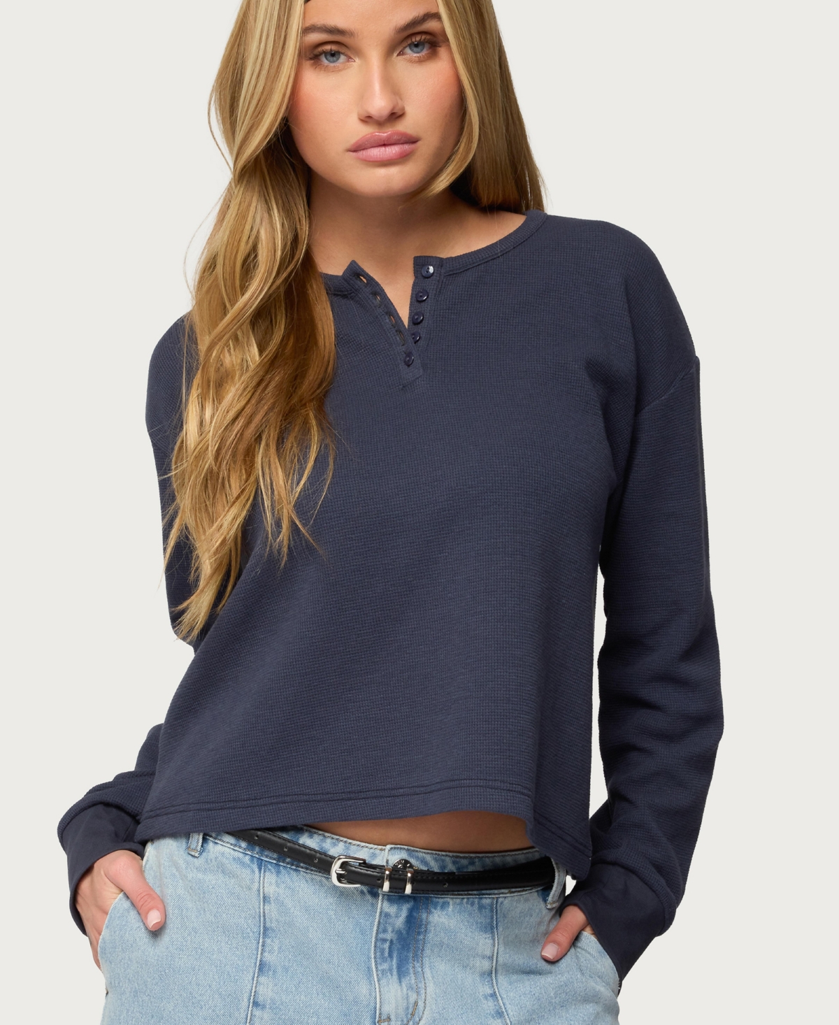 Click here for Edikted Womens Deni Long Sleeve Henley Waffle Top... prices