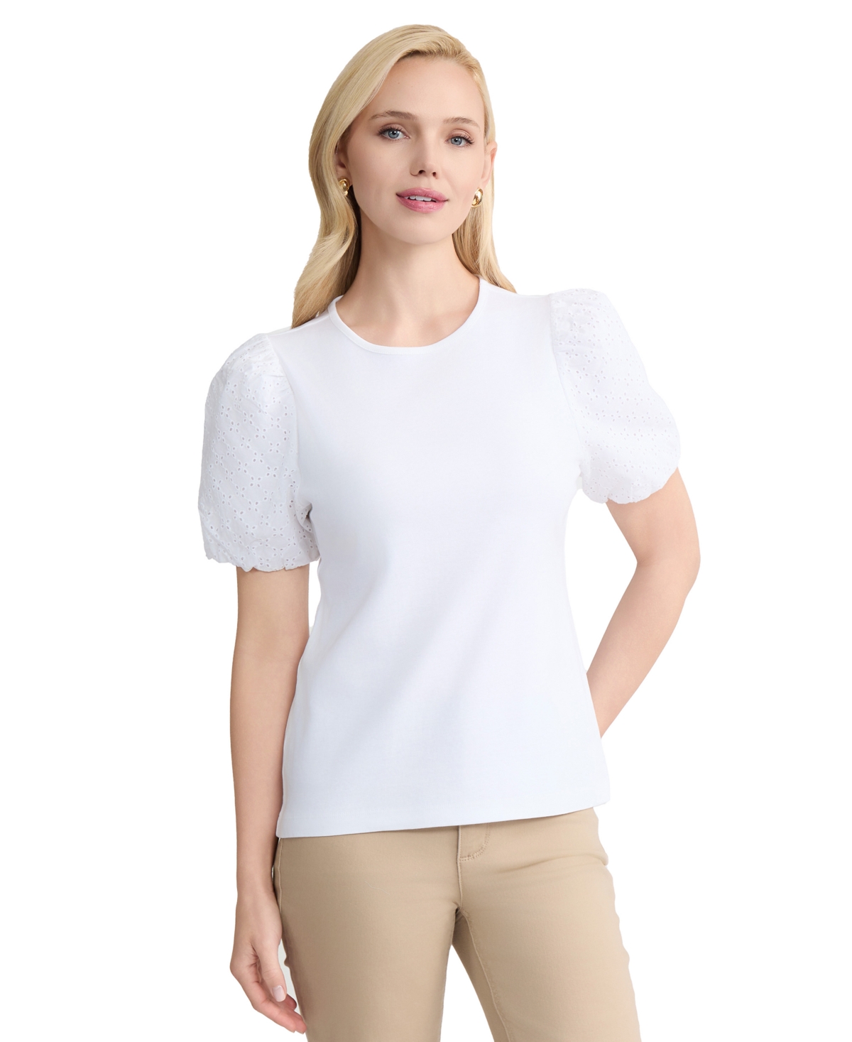 Click here for Jones New York Petite Eyelet Sleeve Crewneck T-Shi... prices