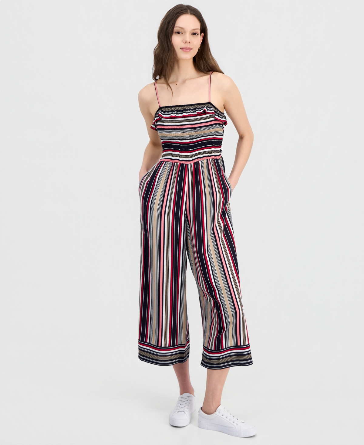 Click here for Nautica Womens Striped Ruffled Smocked Jumpsuit -... prices
