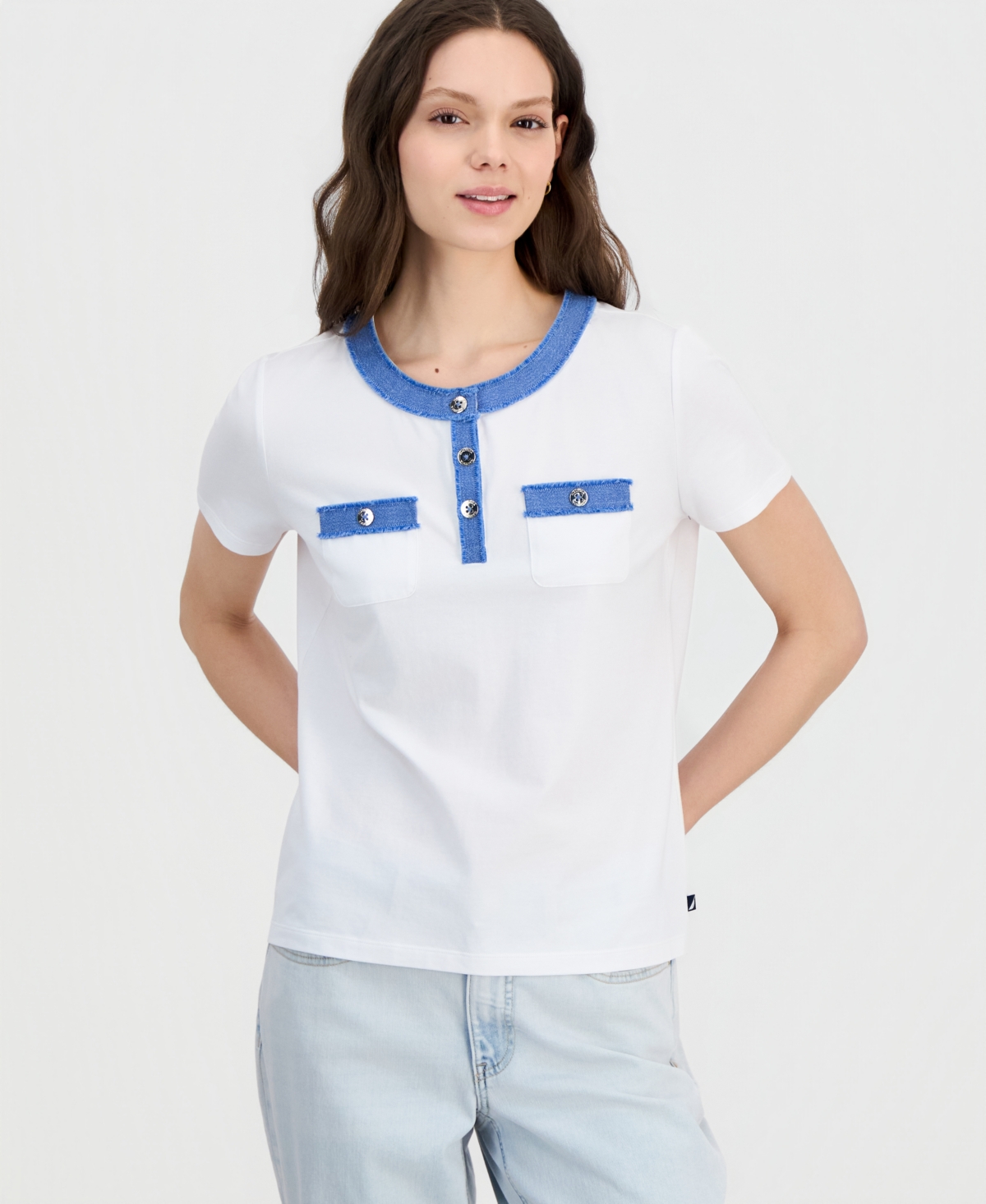 Click here for Nautica Womens Denim-Trim Henley Short-Sleeve Top... prices