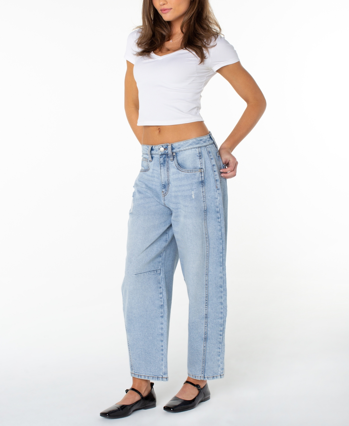 Click here for Celebrity Pink Juniors High-Rise Barrel-Leg Jeans... prices