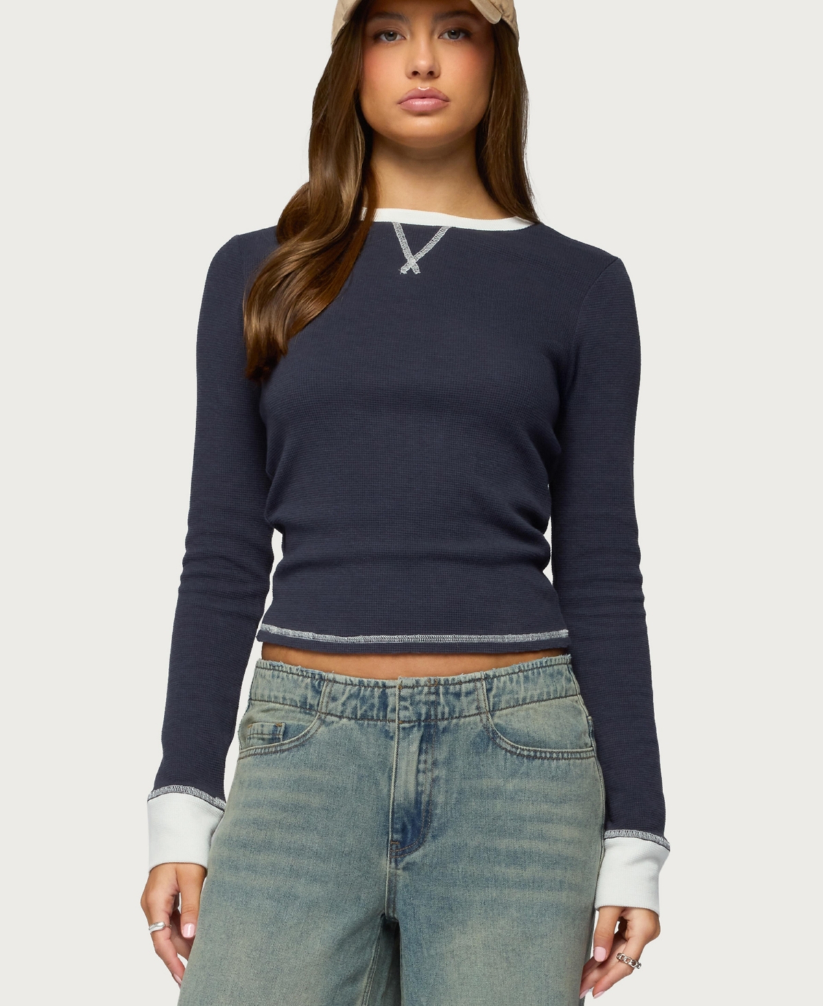 Click here for Edikted Womens Rora Contrast Long Sleeve Waffle To... prices