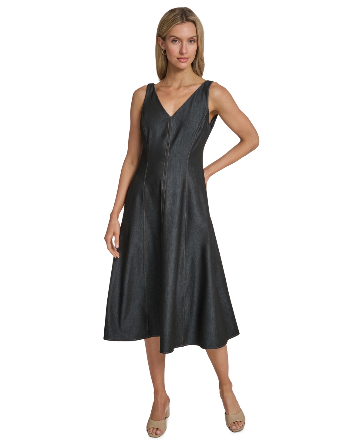 Click here for Calvin Klein Womens Denim Fit and Flare Dress - Bl... prices