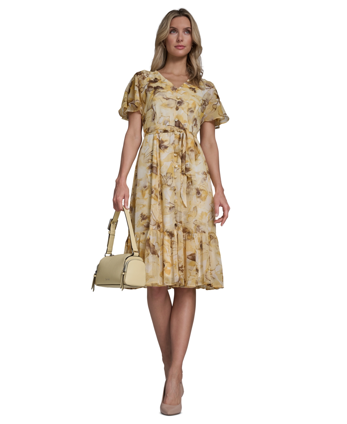 Click here for Calvin Klein Womens Flutter-Sleeve Floral Print Mi... prices