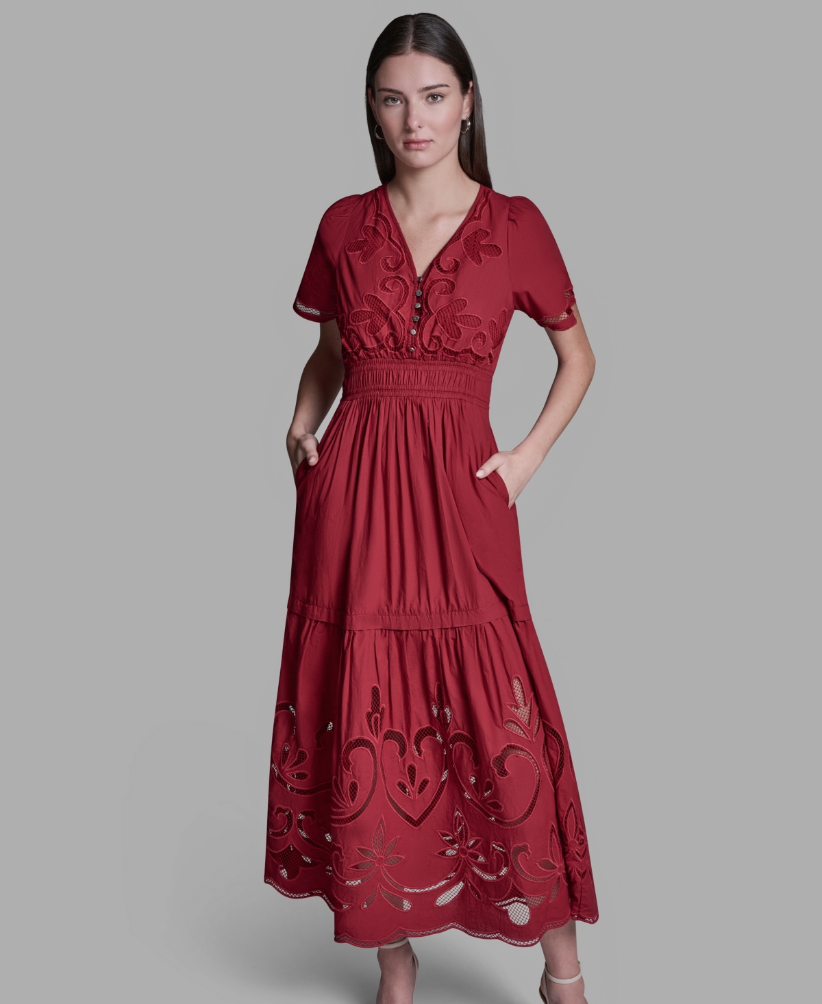 Click here for Bcbg Womens Eyelet Detail V-Neck Short-Sleeve Maxi... prices