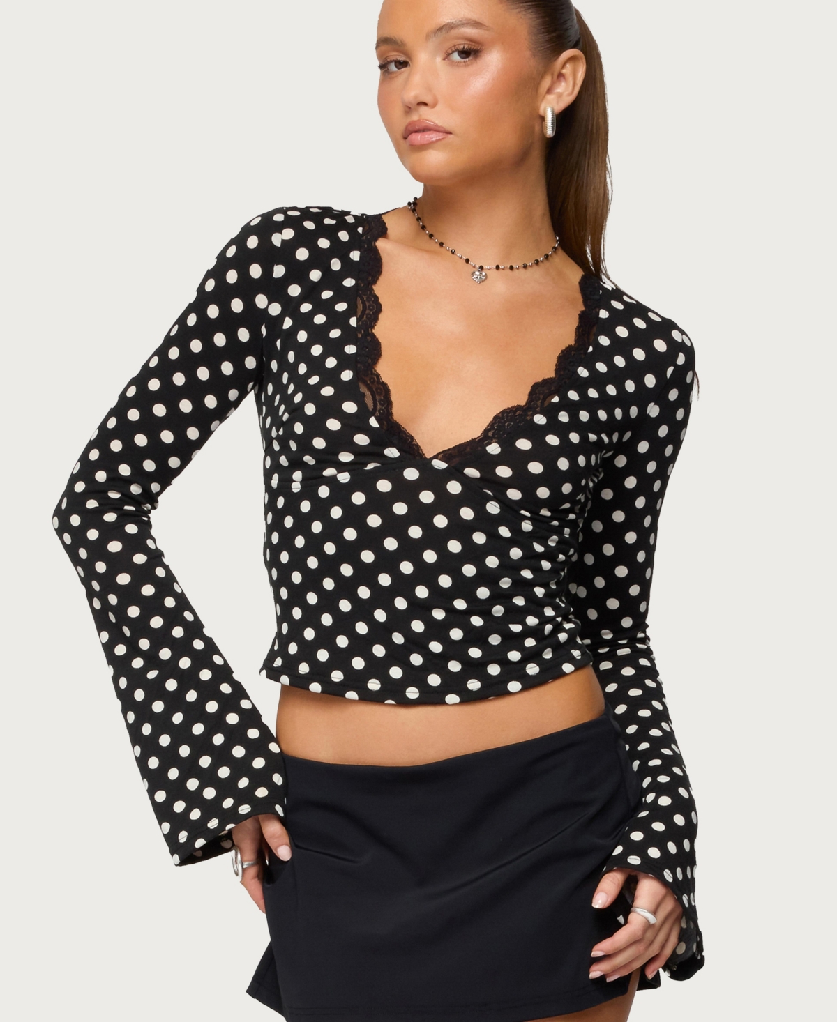 Click here for Edikted Womens Polka Dot Lacey Plunge Neck Top - B... prices