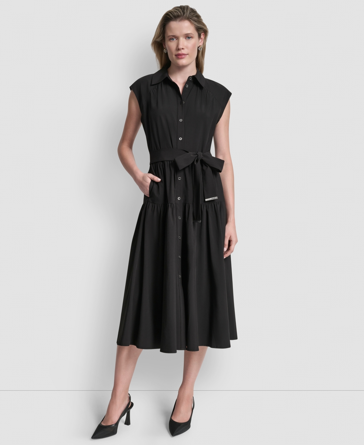 Click here for Dkny Womens Cap-Sleeve Drop Waist Shirt Dress - Bl... prices